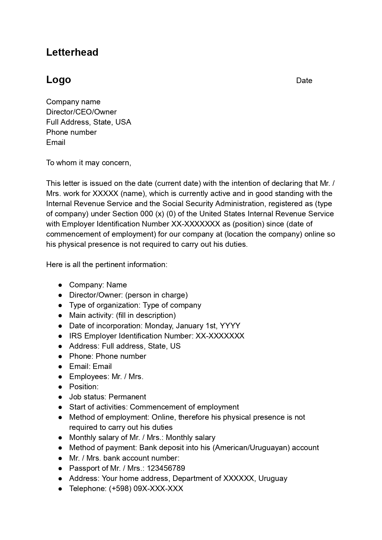 Work Letter – Aldo’s Relocation Service